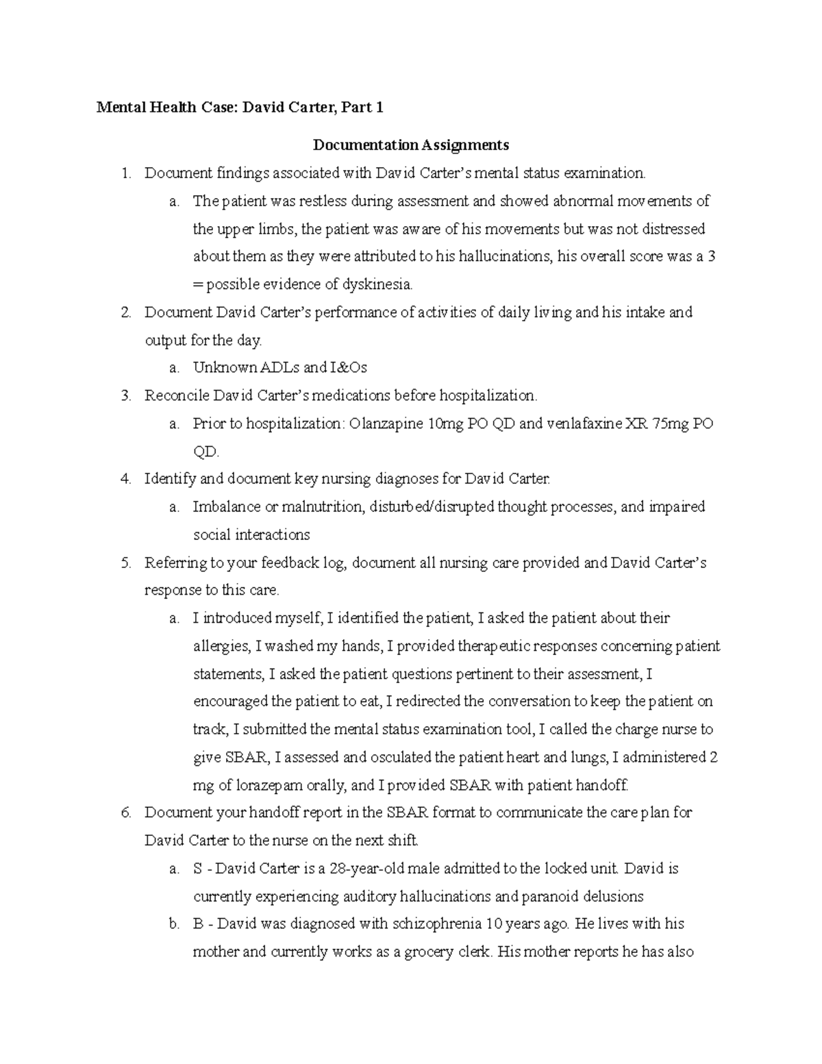 #2 David Carter Doc Assignment - Mental Health Case: David Carter, Part 1 Documentation ...