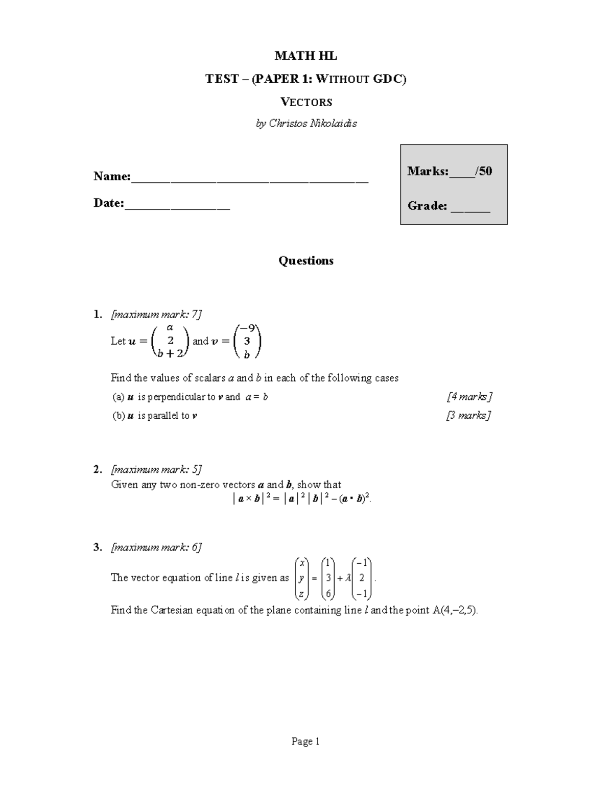 TEST 1. Vectors (P1-P2) (2014 ) - MATH HL TEST – (PAPER 1: WITHOUT GDC ...