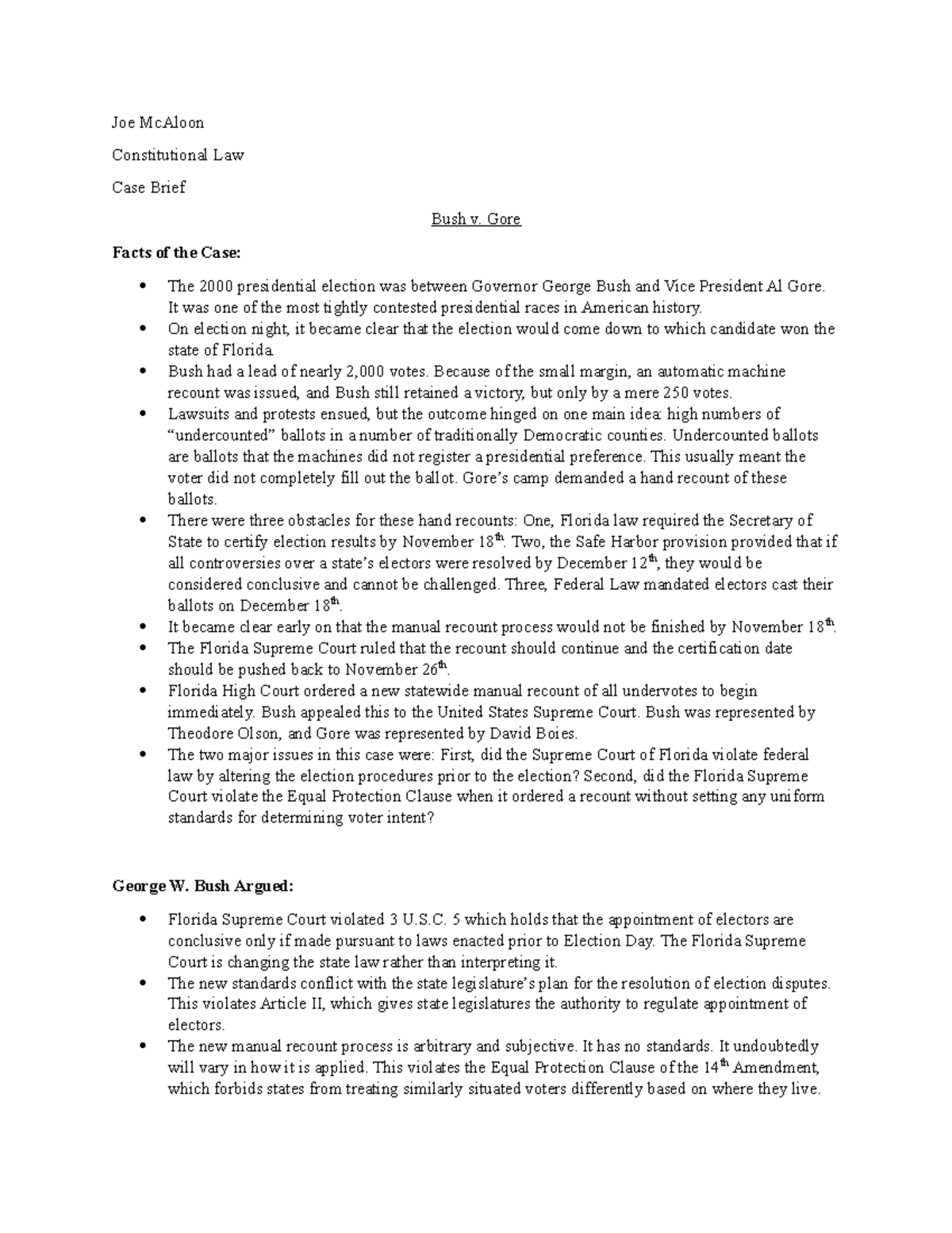 Case Brief - Joe McAloon Constitutional Law Case Brief Bush v. Gore ...