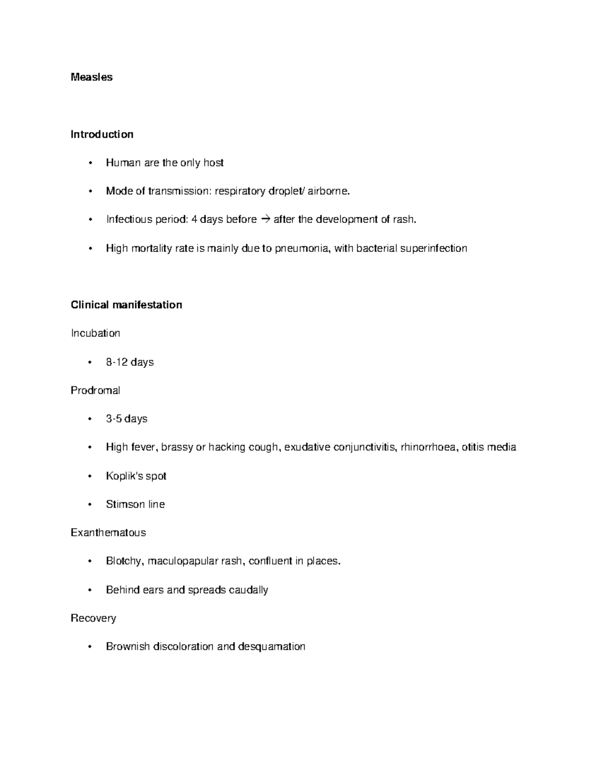 Measles - teaching summary - Measles Introduction - Human are the only ...