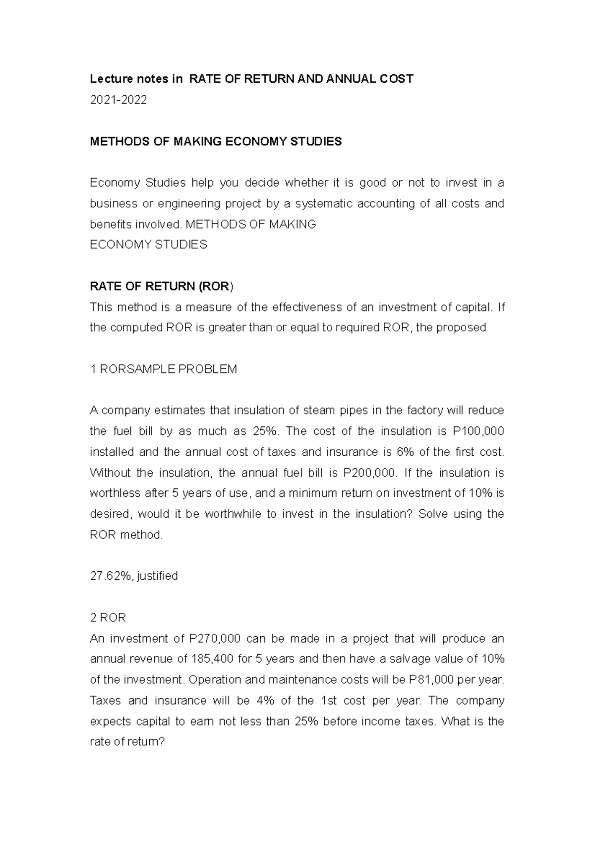 Lecture notes in RATE OF Return AND Annual COST Methods - Lecture notes ...