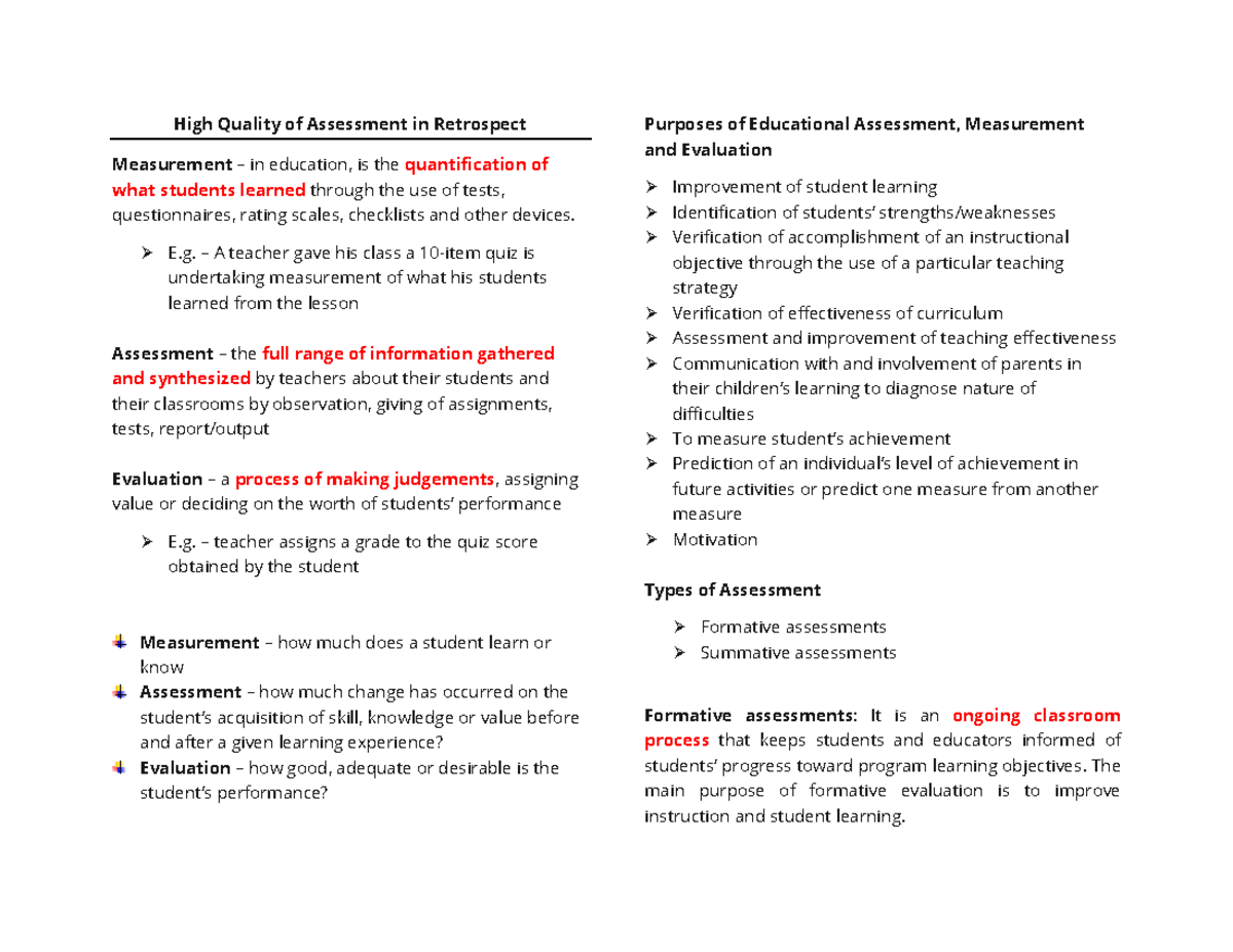 High Quality of Assessment in Retrospect - High Quality of Assessment ...