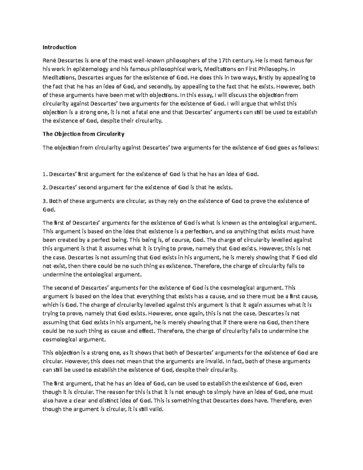 Objection of circularity - Introduction René Descartes is one of the ...