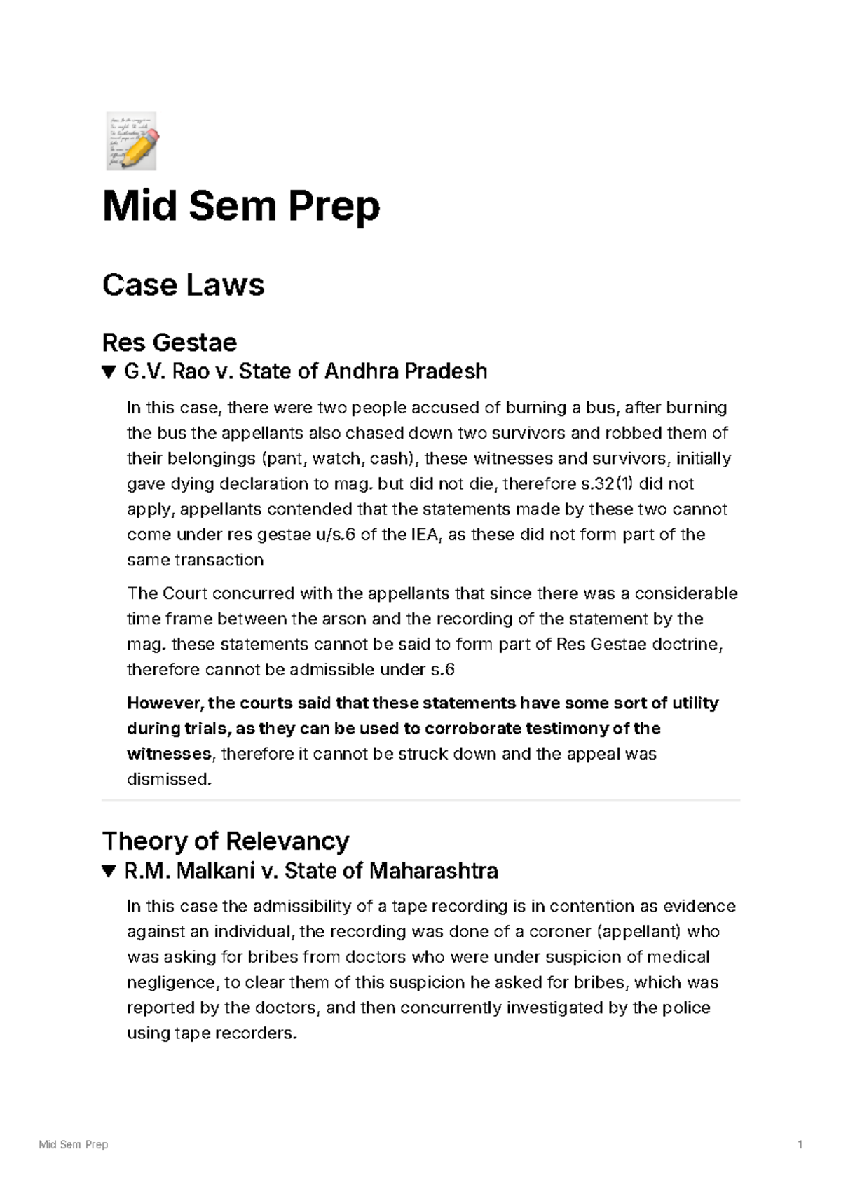 Evidence Case briefs till module 7 - 📝 Mid Sem Prep Case Laws Res ...