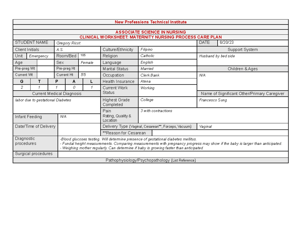 Materity caare plan 1 - assignment for Vsims / care plan for Olivia ...
