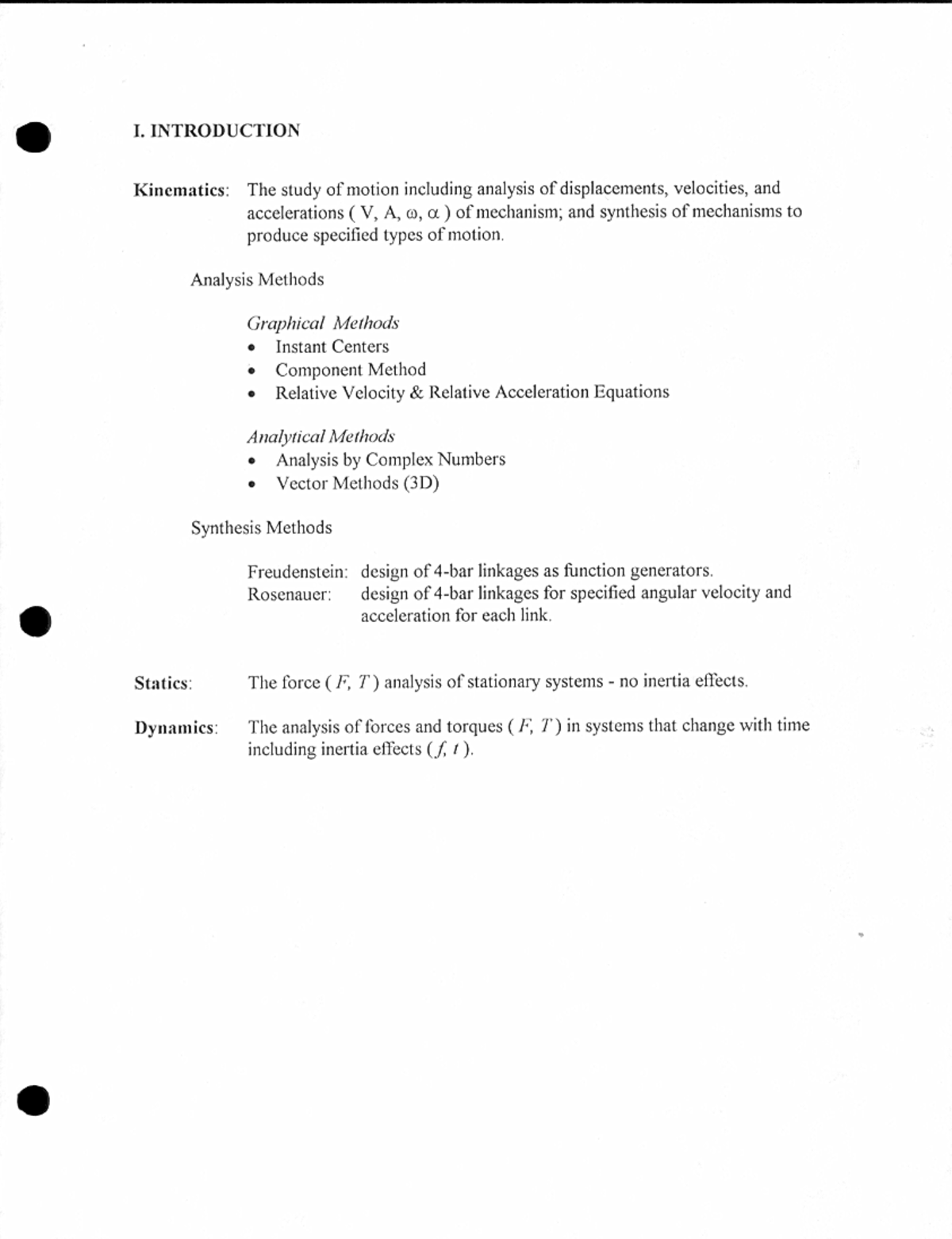 Me374 - Lecture notes 1-8 - I. INTRODUCTION Kinematics: The study of ...