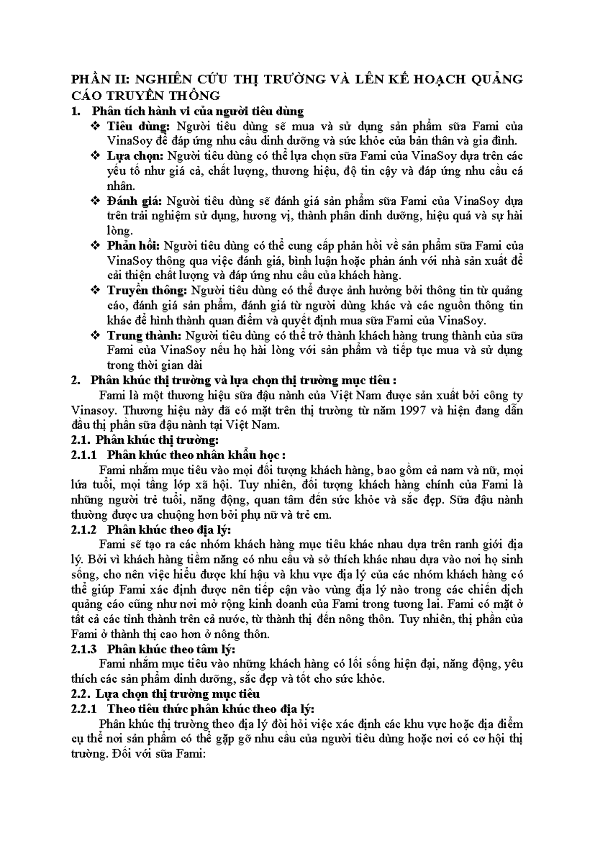PHẦN-II MKT-364-H NHOM-FAMI - PHẦN II: NGHIÊN CỨU THỊ TRƯỜNG VÀ LÊN KẾ HOẠCH QUẢNG CÁO TRUYỀN ...