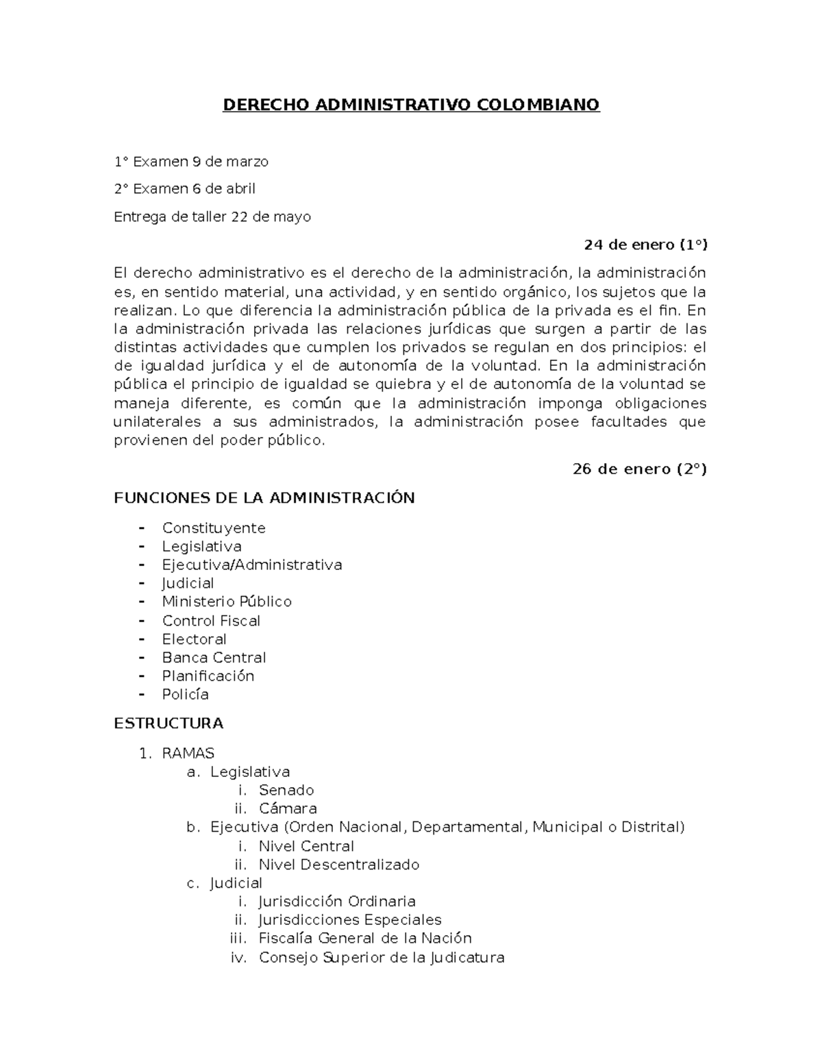 Administrativo colombiano - DERECHO ADMINISTRATIVO COLOMBIANO 1° Examen 9 de marzo 2° Examen 6 ...