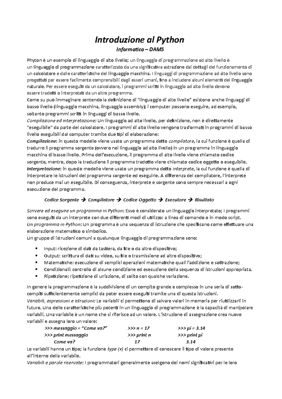 Concetti Base Python - Informatica - Introduzione al Python Informatica ...