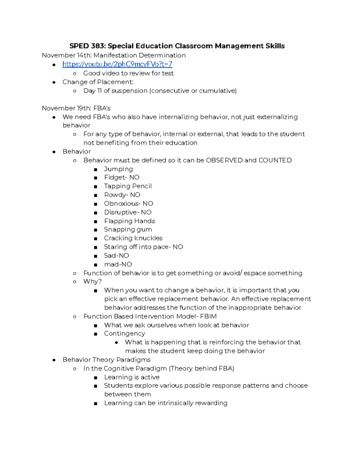 2019 Special Education Classroom Management SPED 383 lecture Notes