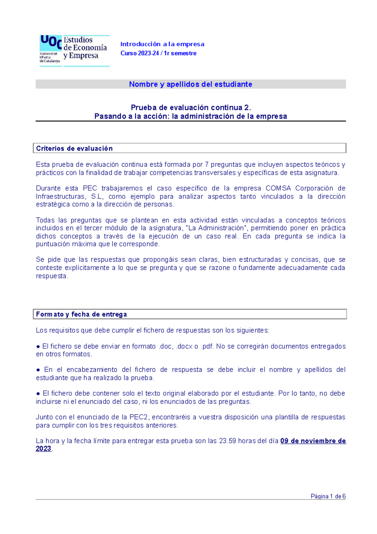 Introducción a la empresa Enunciado - PEC2 - Introducción a la empresa Curso 2023-24 / 1r ...