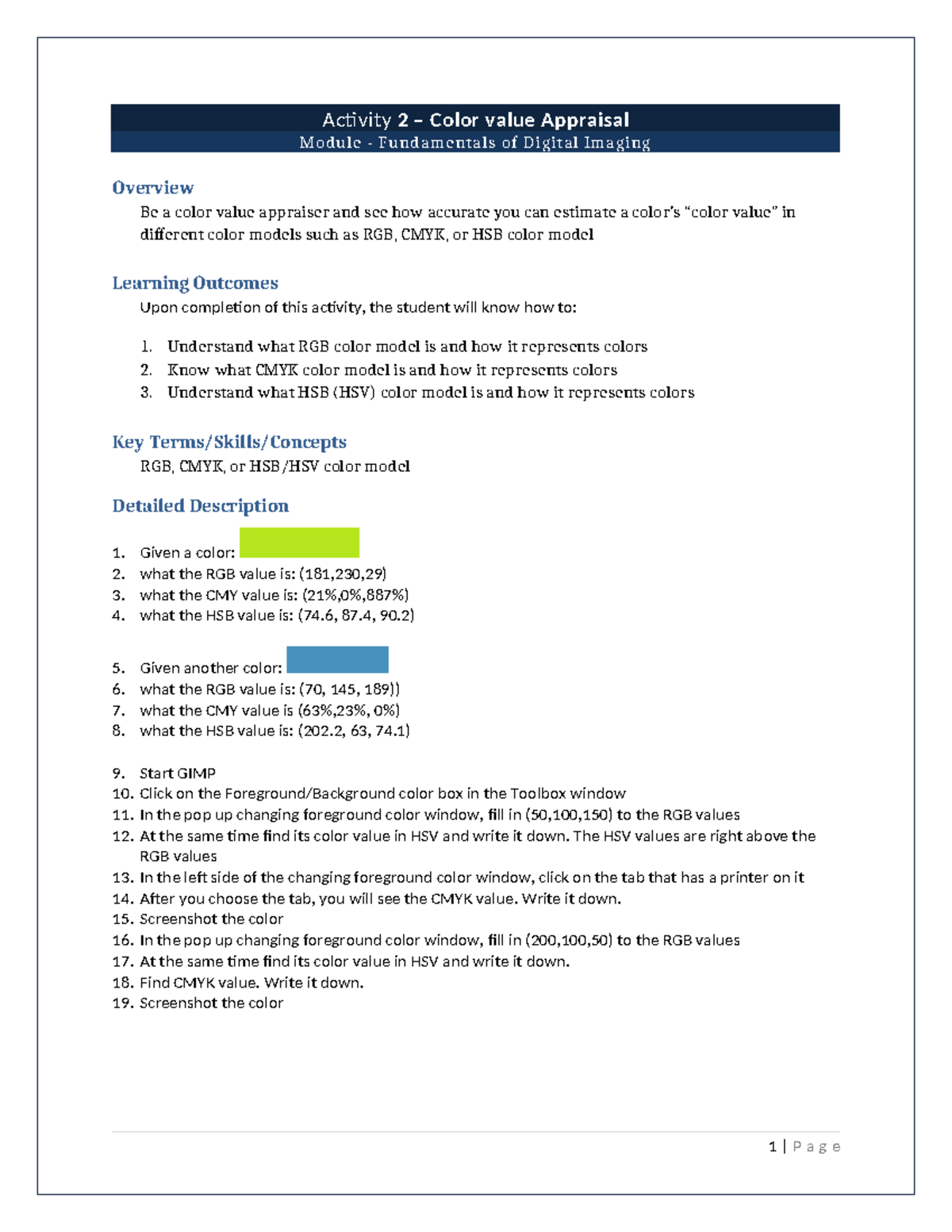 Activity Chapter 2 A2 - notes - Activity 2 – Color value Appraisal ...