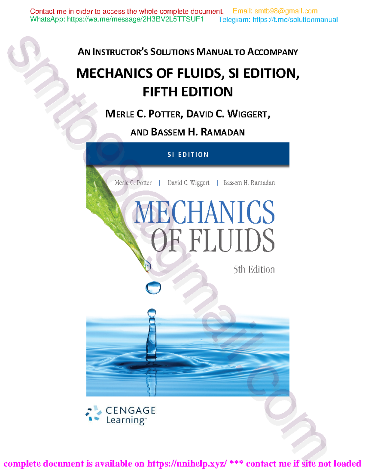 Solution Manual for Mechanics of Fluids 5th SI edition by Potter & Wiggert - ####### A N ...