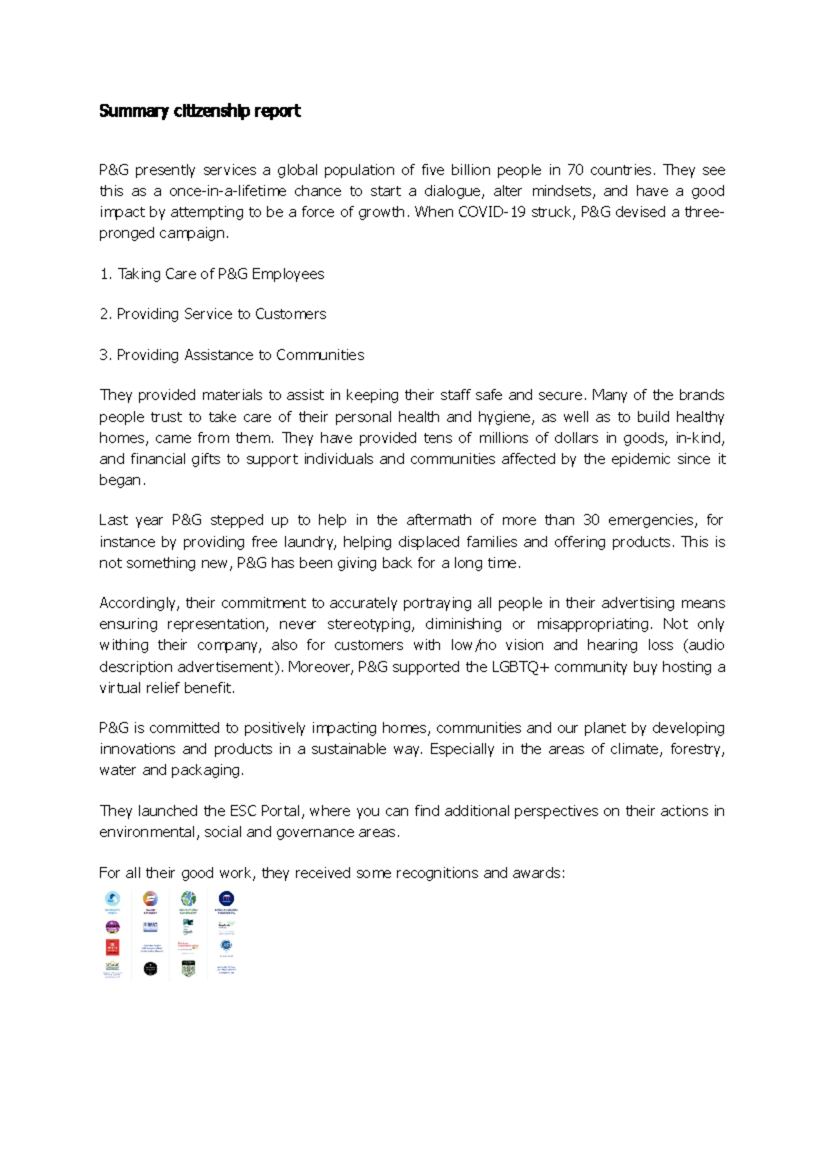 Summary citizenship report - Summary citizenship report P&G presently ...