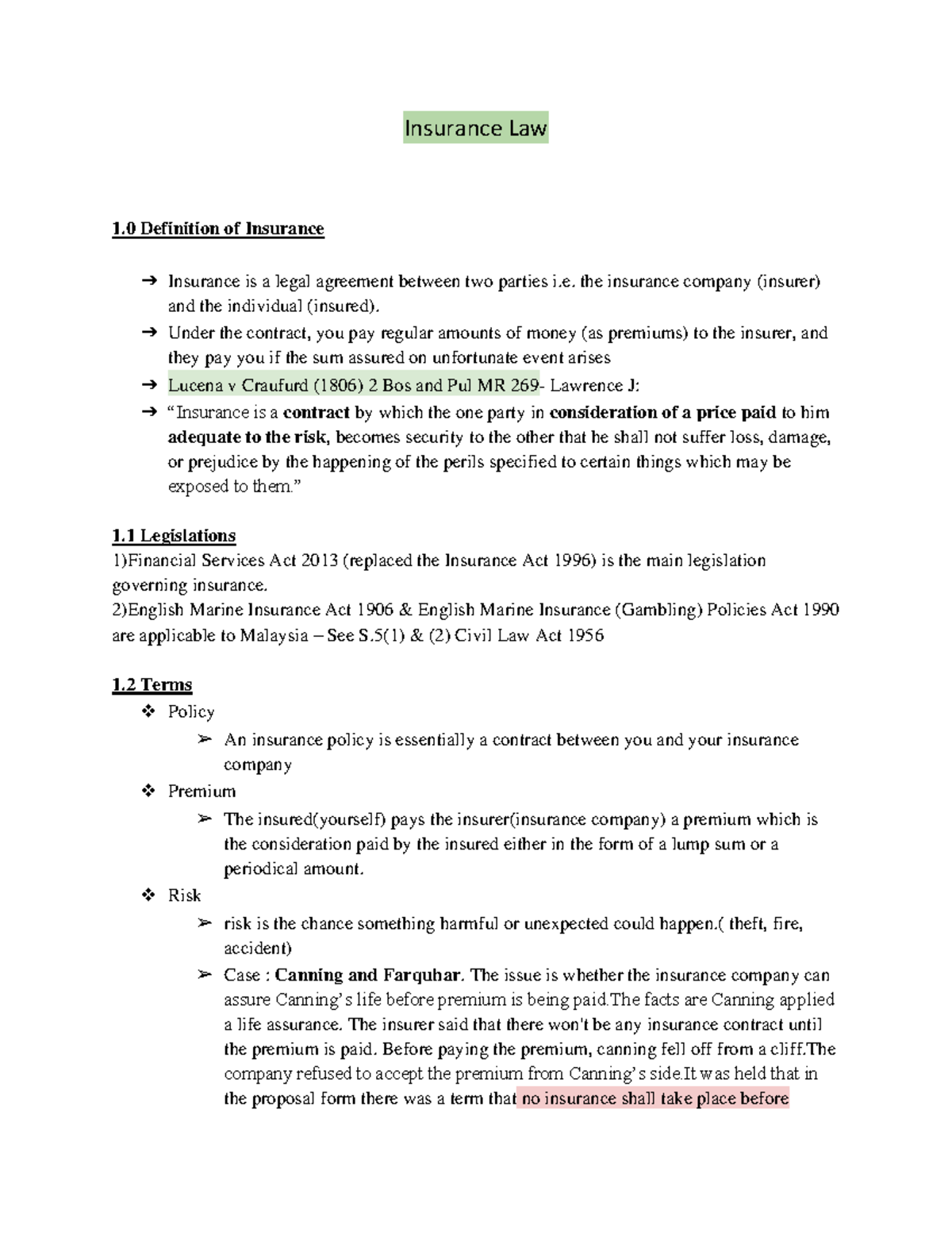 Insurance Law - the insurance company (insurer) and the individual ...