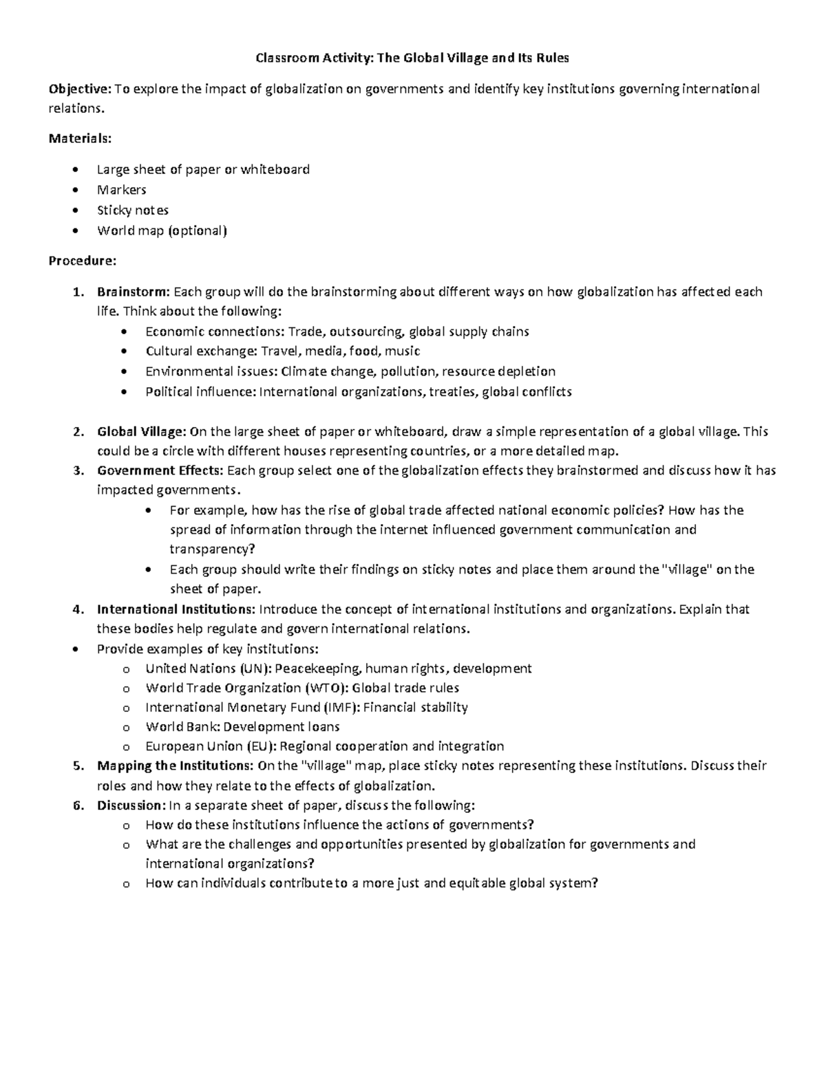 Classroom Activity - Materials: Large sheet of paper or whiteboard ...