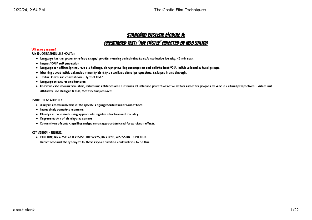 The Castle Film Techniques - Standard English: Module A: Prescribed ...
