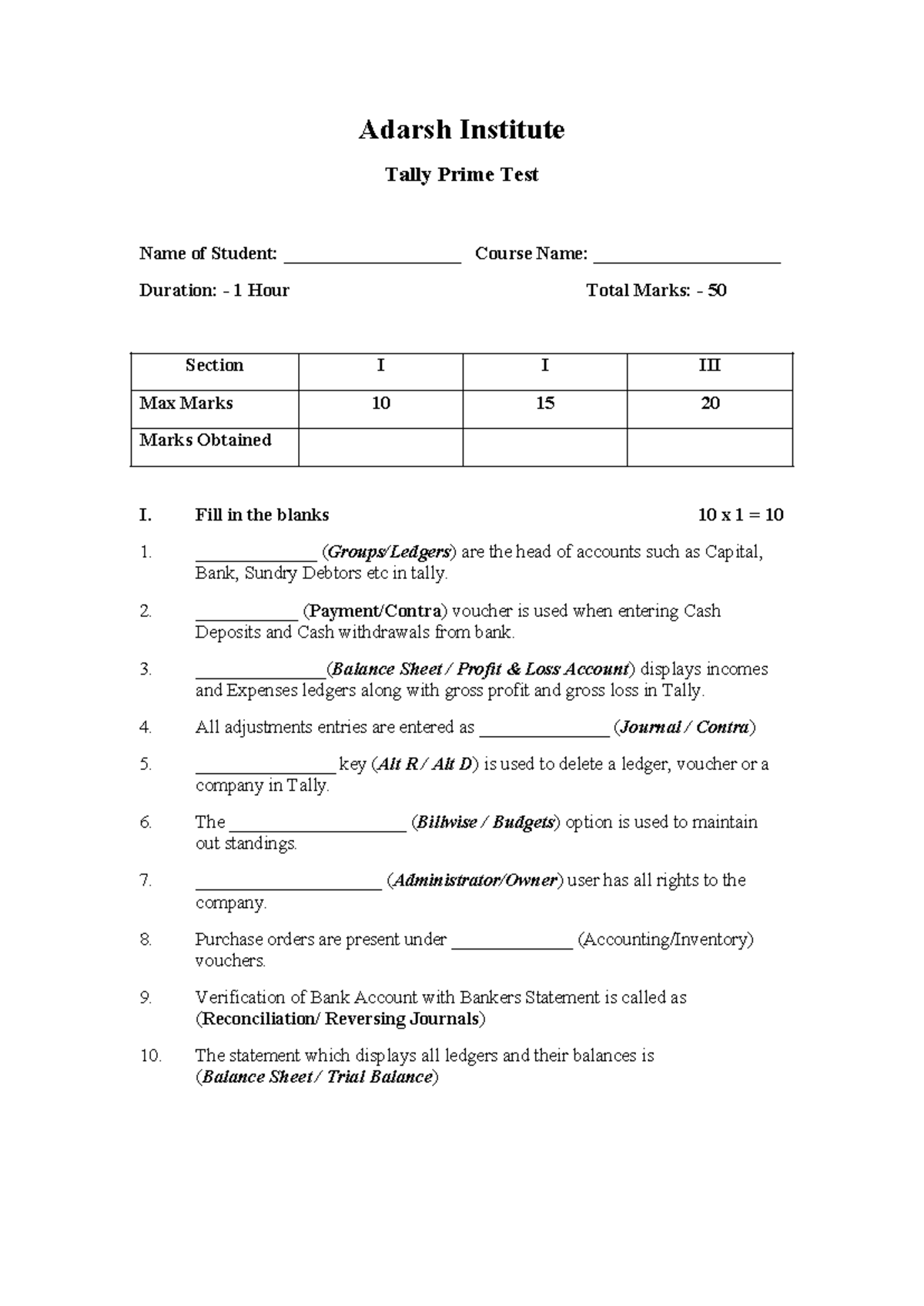 115863436 Tally Question Paper - Adarsh Institute Tally Prime Test Name ...