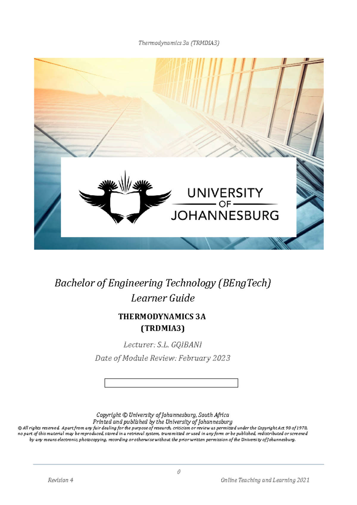 TRDM1A3 Learner Guide 2023 - 0 Bachelor of Engineering Technology ...