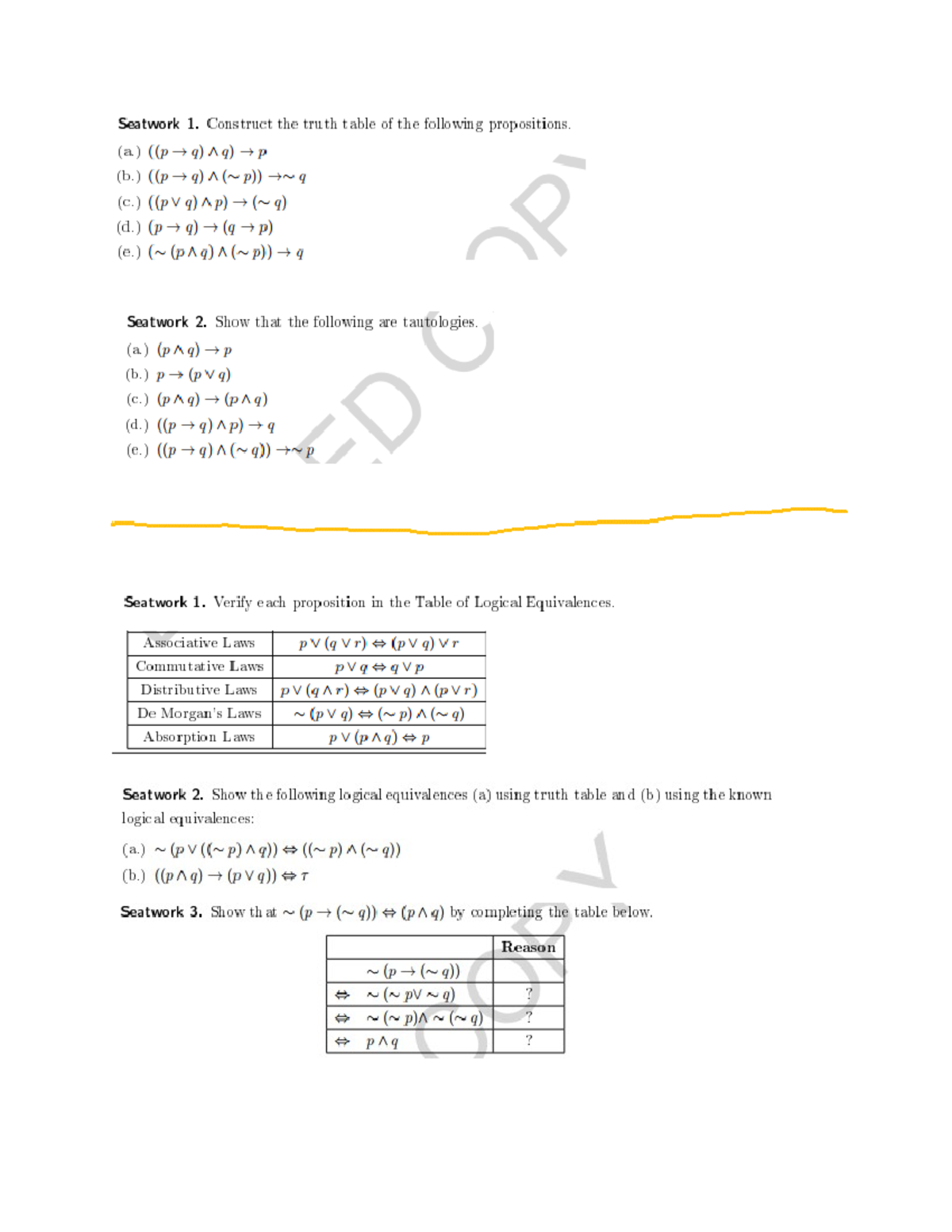 Assignment for Precalculus - Seatwork 1. Construct the truth table of ...
