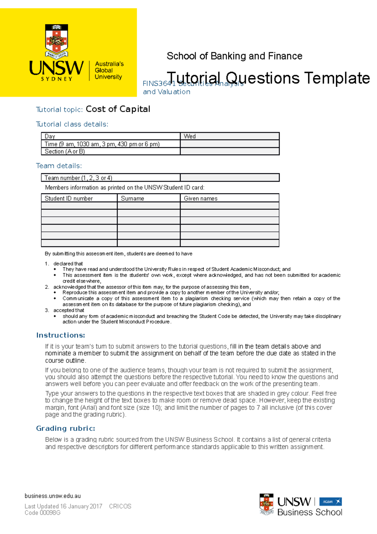 W03 Tut template Cost of Capital - FINS3641 Securities Analysis and ...