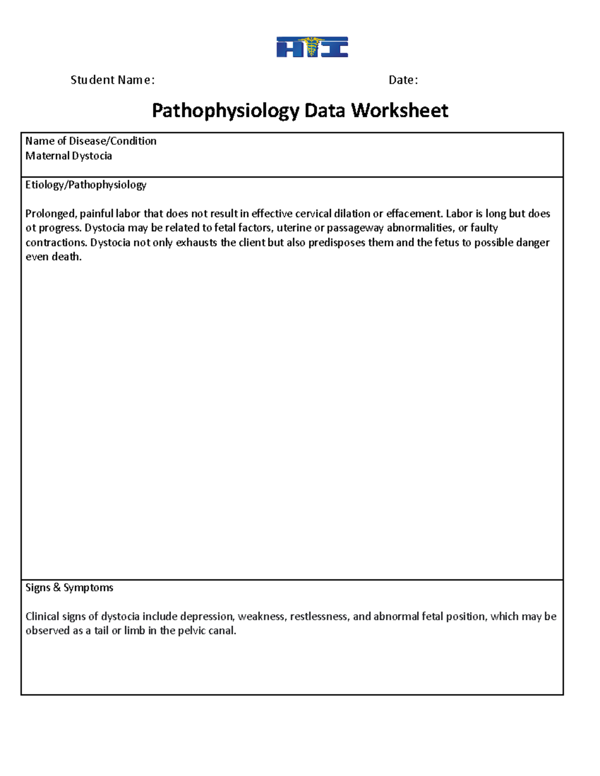Maternal Dystocia Patho - Student Name: Date: Pathophysiology Data ...