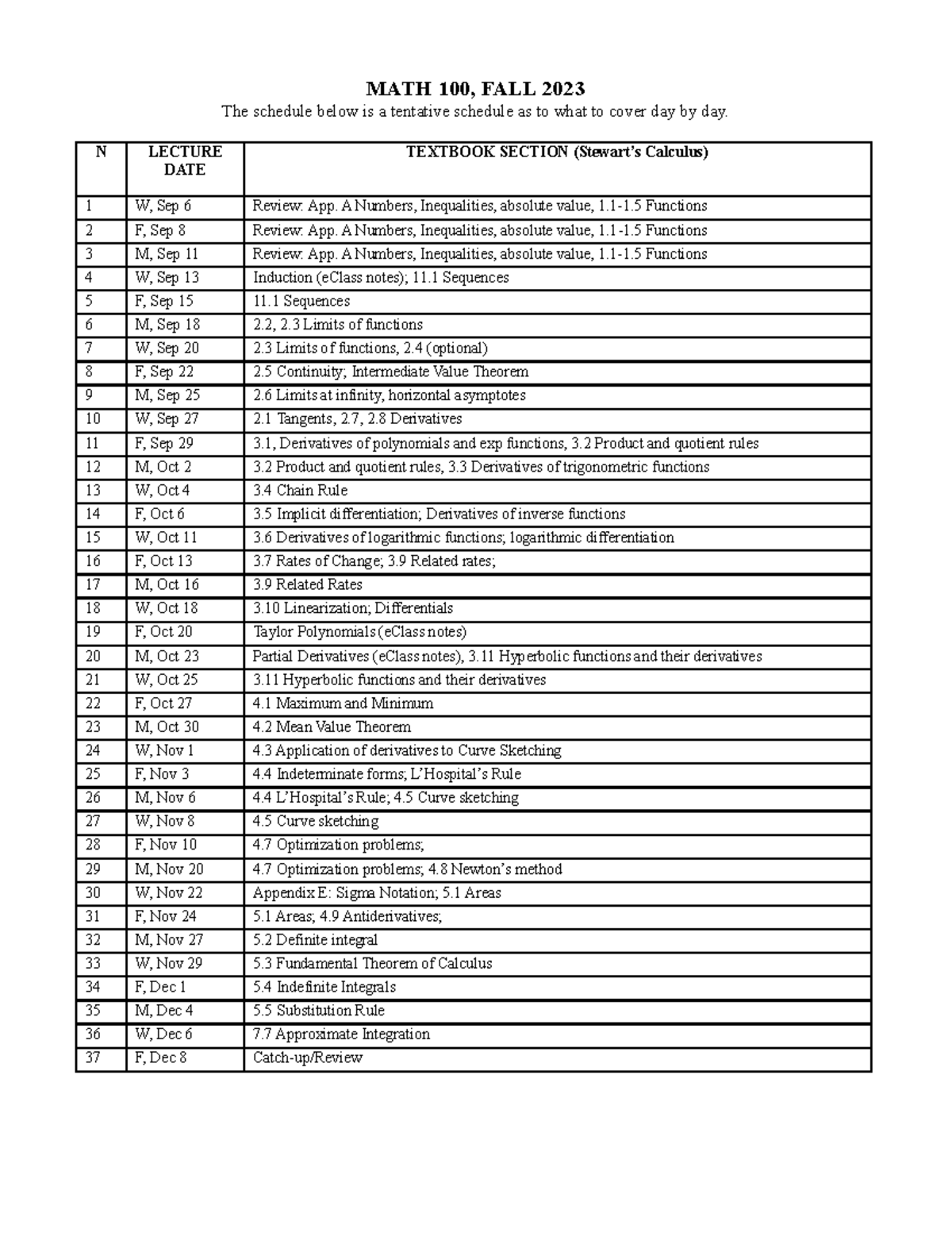 Print MATH - yes - MATH 100, FALL 2023 The schedule below is a ...
