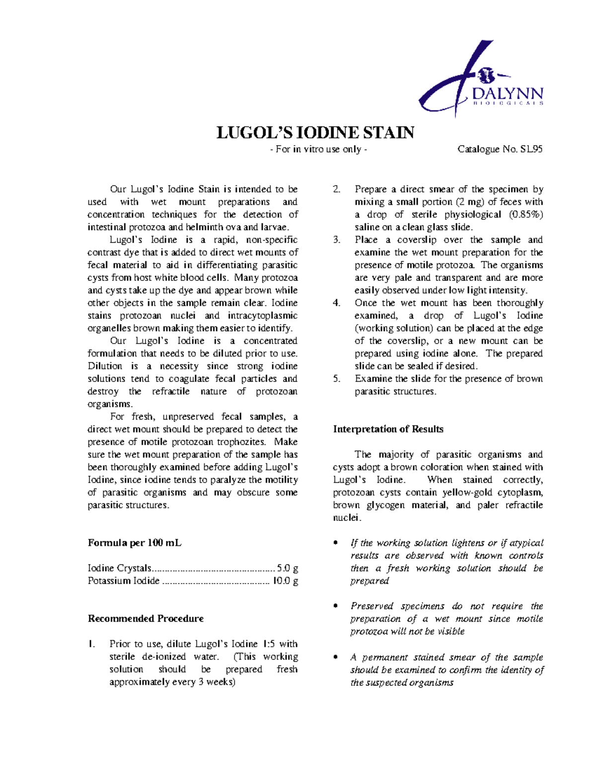 SL95 - LUGOL’S IODINE STAIN For in vitro use only - Catalogue No. SL ...