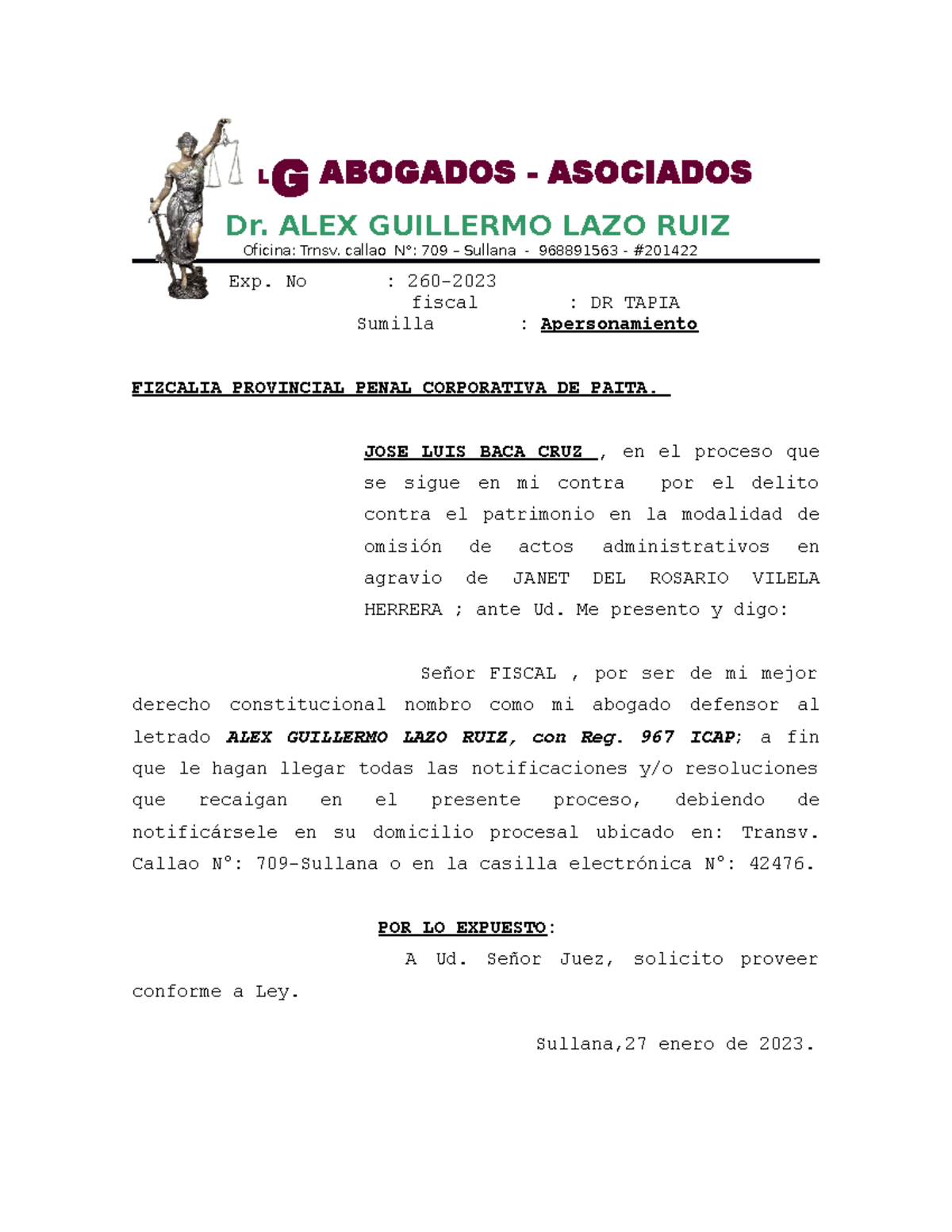 Apersonamiento jose luis baca cru Z - Derecho Penal - Studocu