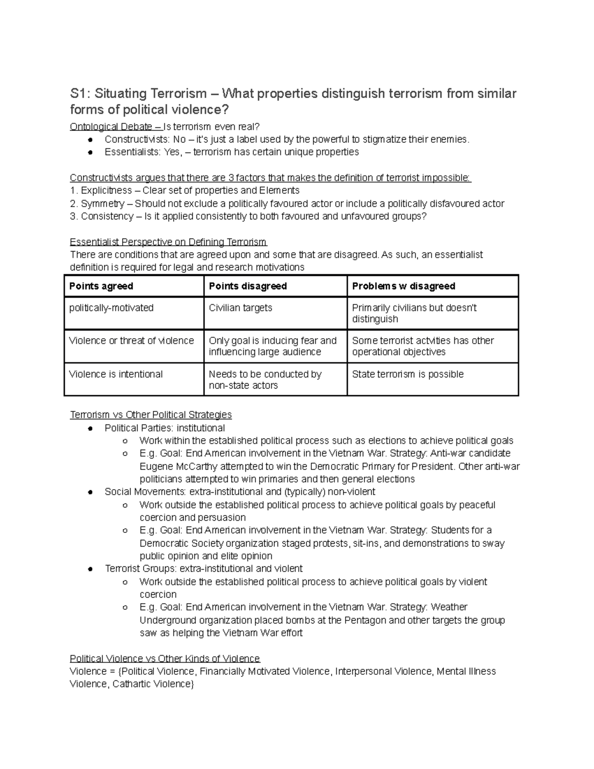 Terrorism Class Notes - S1: Situating Terrorism – What properties ...