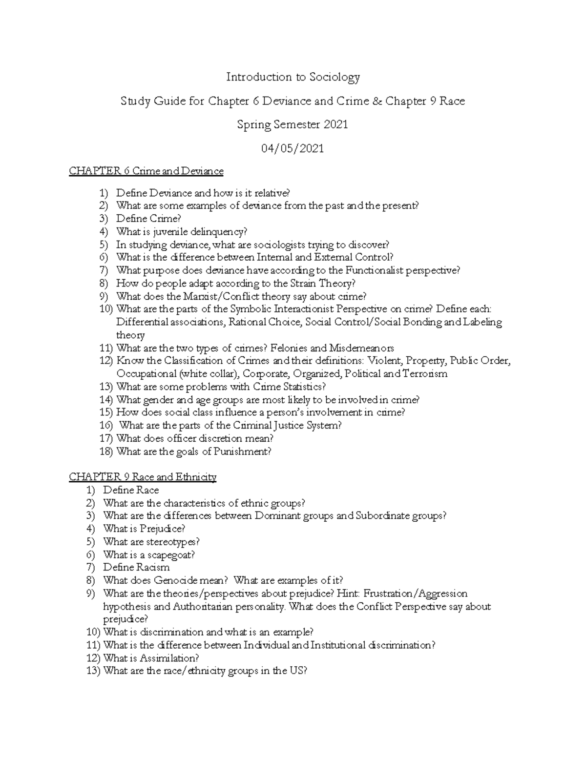 Study Guide Chapters 6 and 9 2021 pdf - Introduction to Sociology Study ...