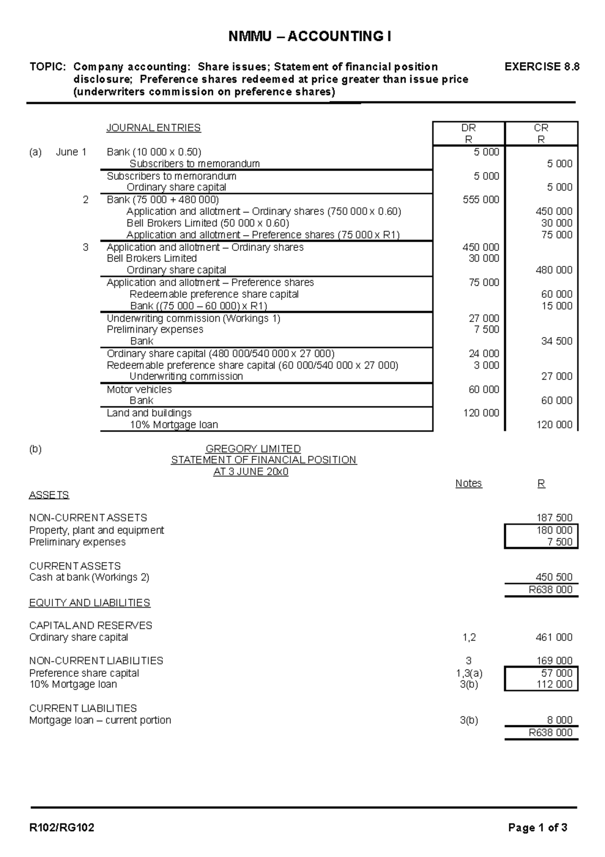 EXER 8.8 (2014 ) - solution - NMMU ACCOUNTING I TOPIC: Company ...