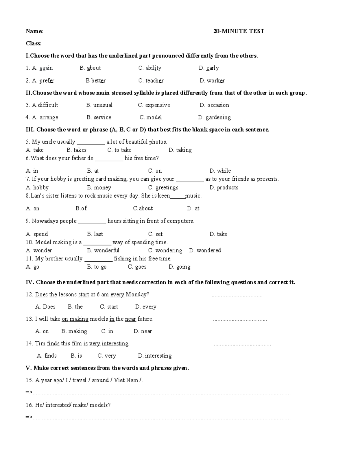 20mintest 7 part 2 - anh - Name: 20-MINUTE TEST Class: I the word that ...