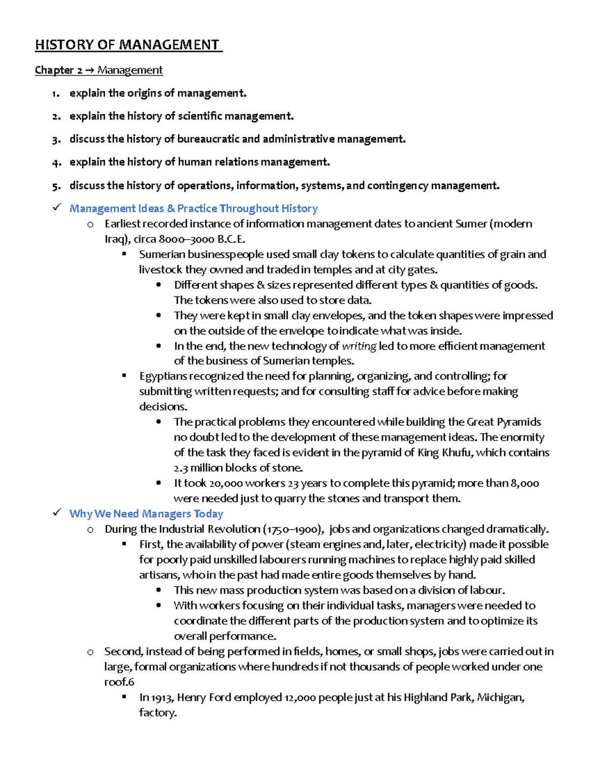 Intro to Management- Chapter 2 - HISTORY OF MANAGEMENT Chapter 2 → ...