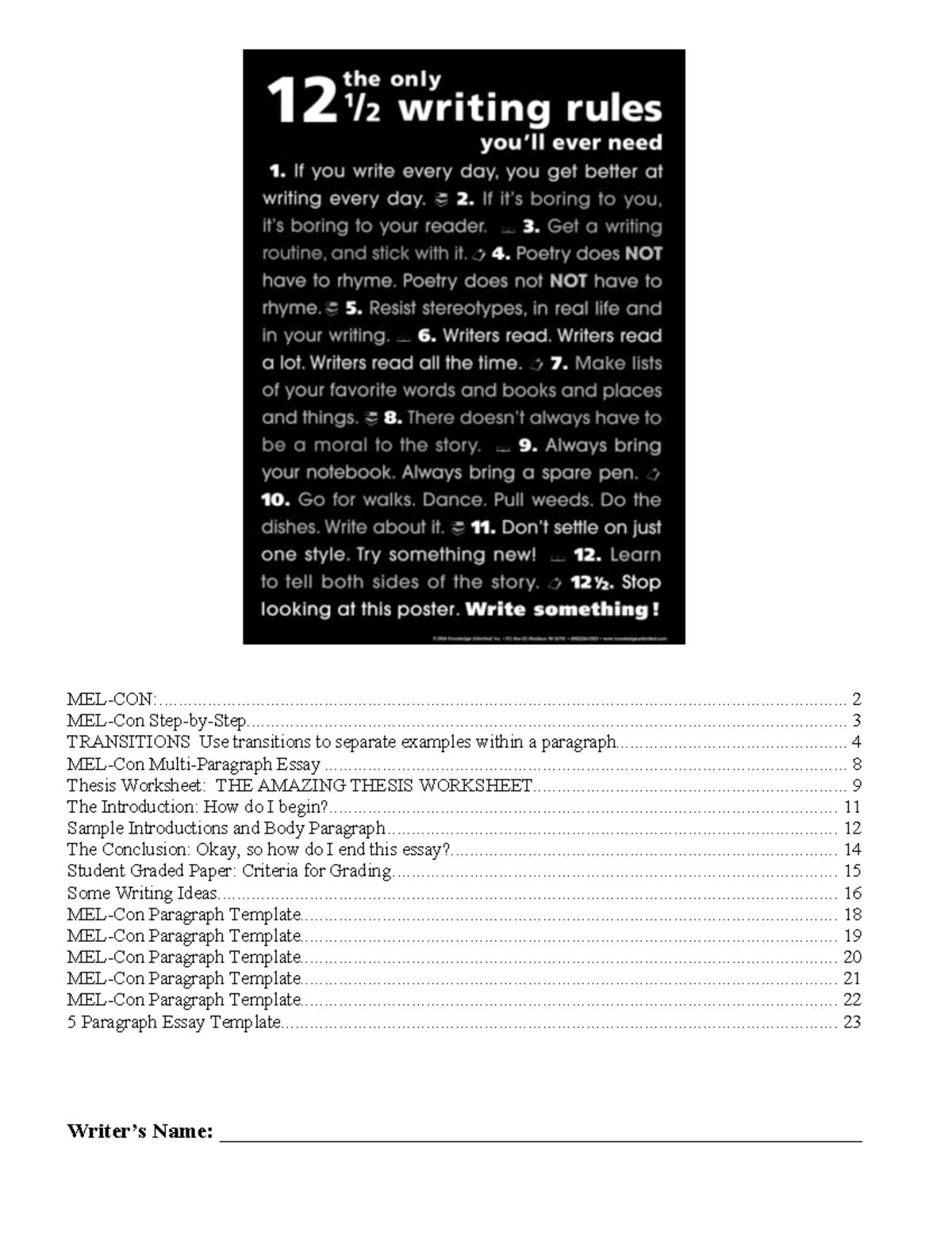 Mel-con writing packet - Writer’s Name