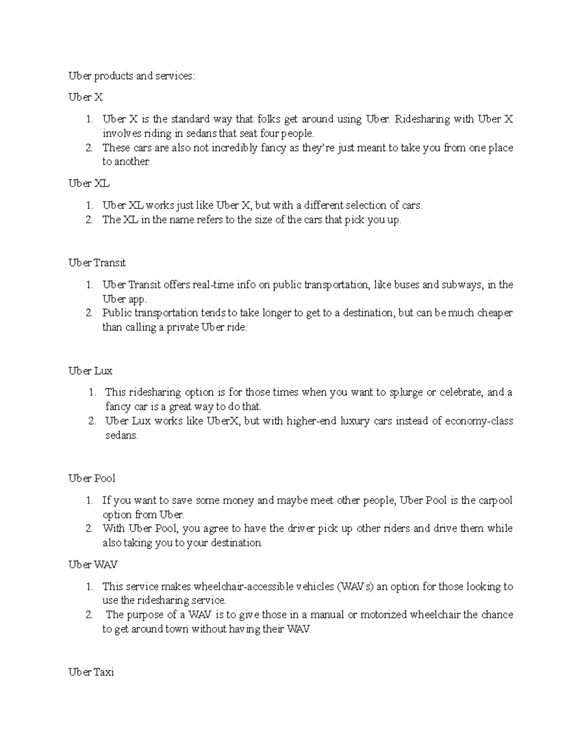 Uber products and service points - Uber products and services: Uber X ...