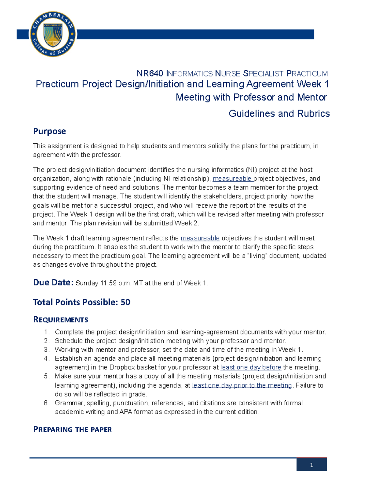 NR640 W1 Practicum Project Initiation Guidelines and Rubric JAN20 ...