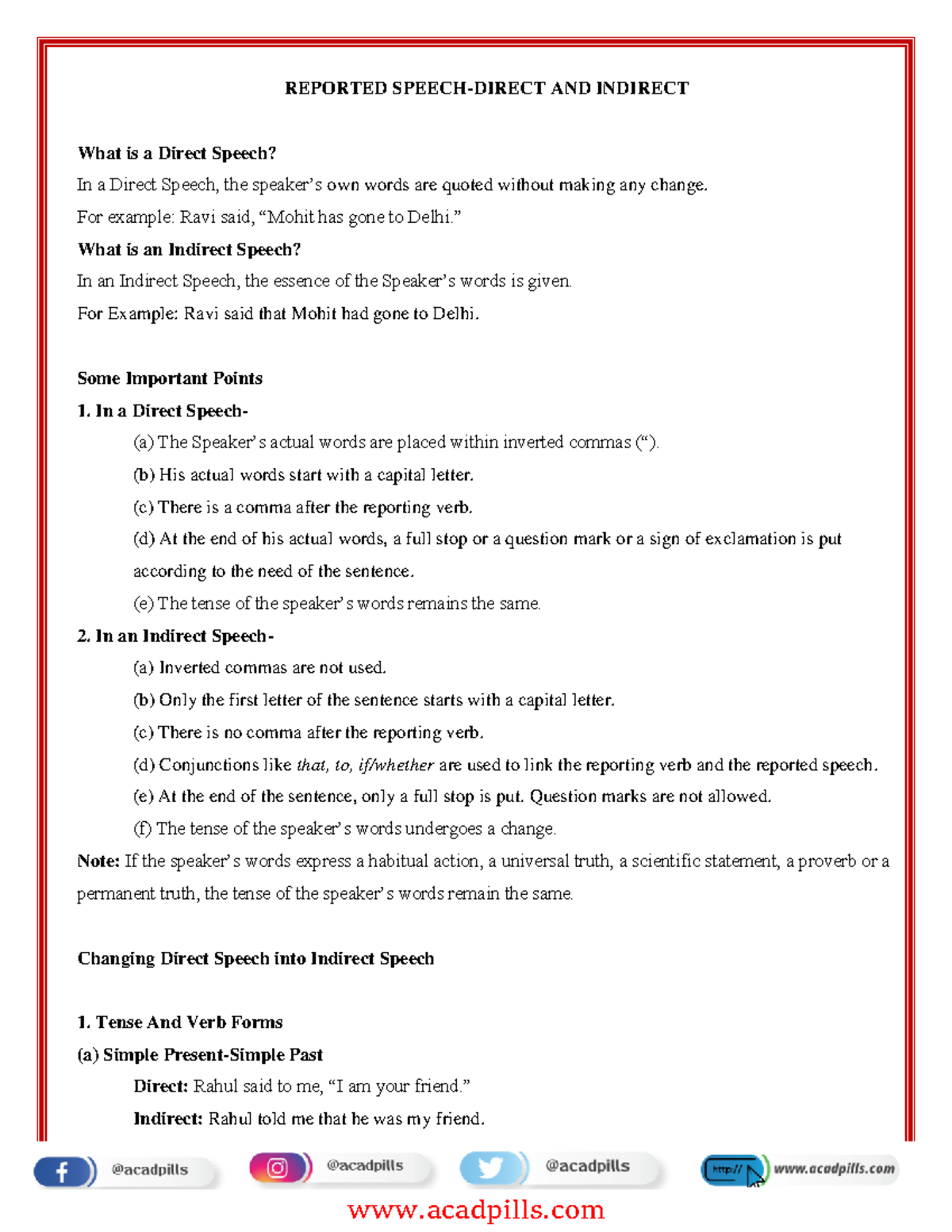 Reported Speech- Direct AND Indirect - 60 | P a g e REPORTED SPEECH ...