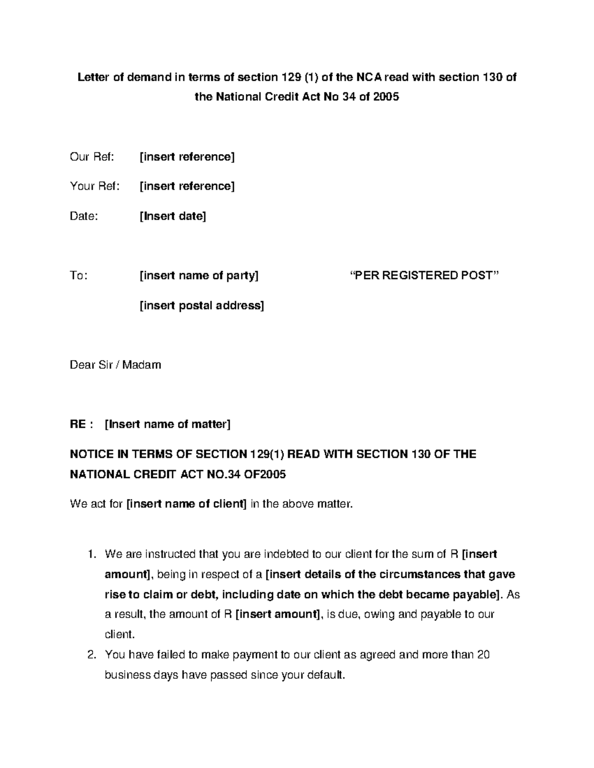 Example S 129 Letter Letter Of Demand In Terms Of Section 129 1 Of