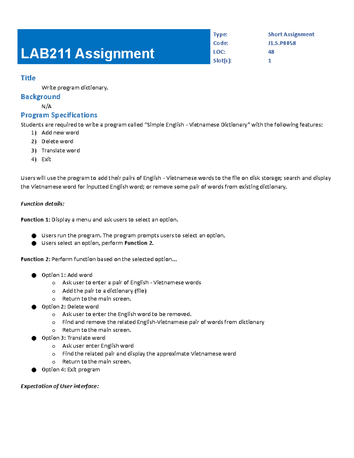 Translate Pro Lab211 Assignment Type Short Assignment Code J1 S