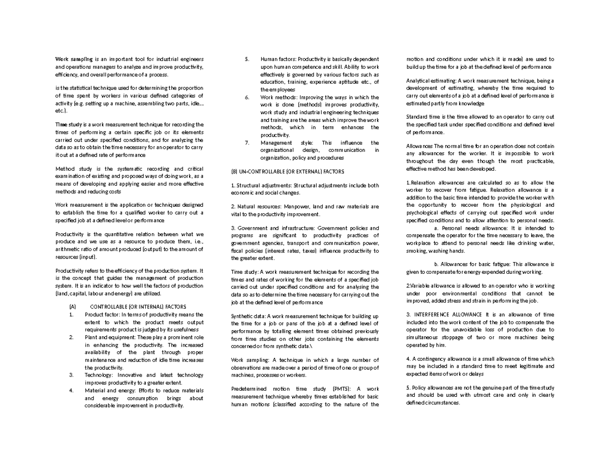 Reviewer long quiz - WORK SAMPLING - Work sampling is an important tool ...