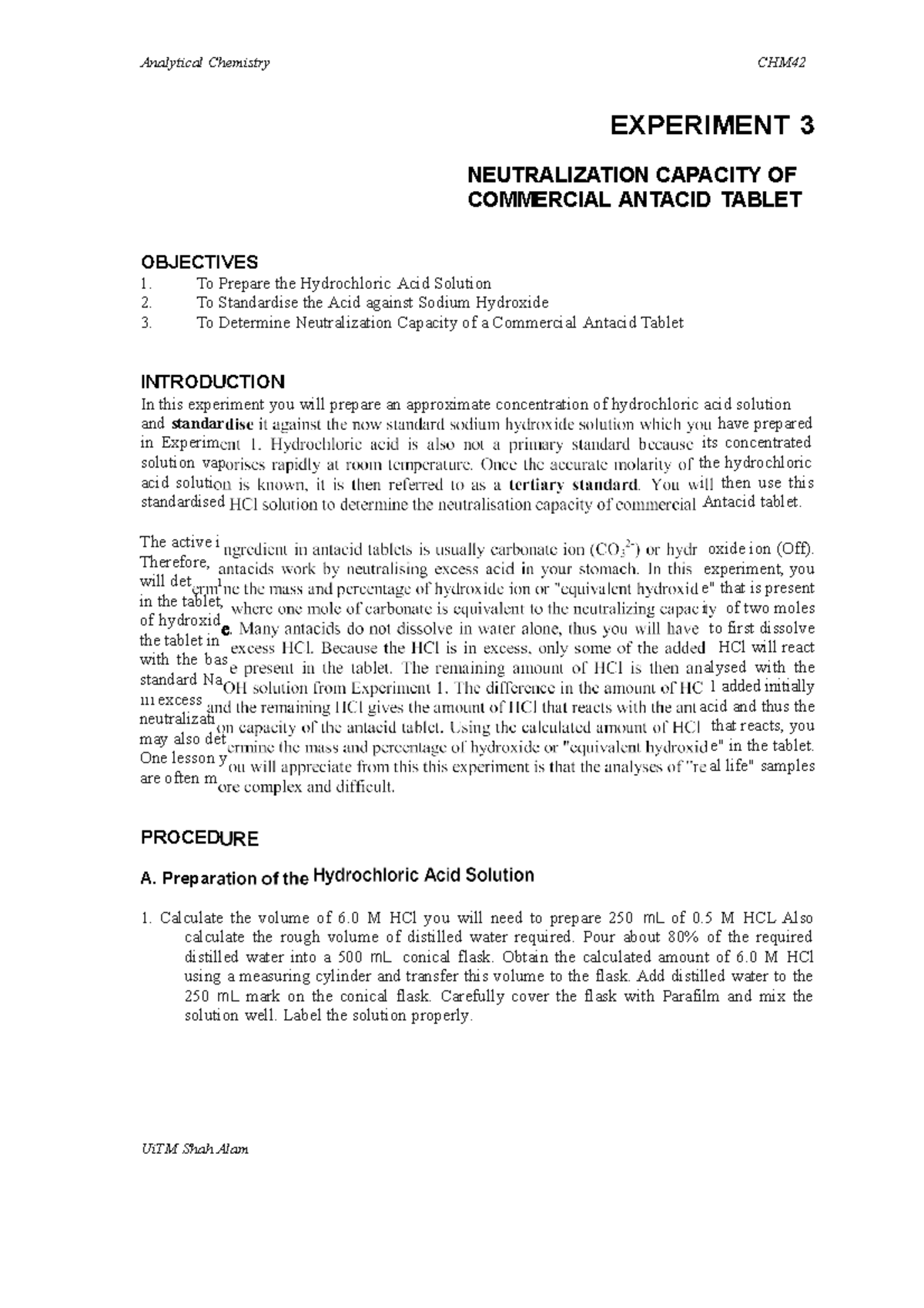 Lab Manual for Experiment 3 - Neutralization Capacity of Commercial ...