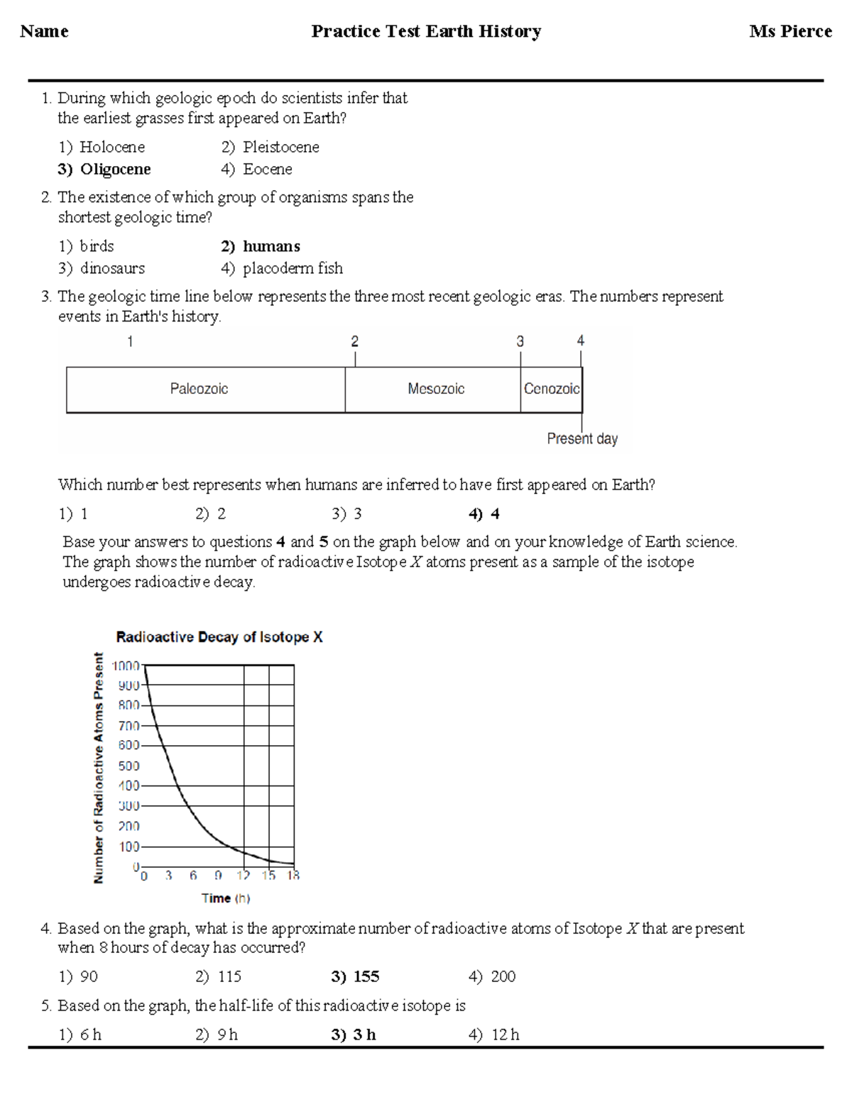 New Earth History Practice test TC - Name Practice Test Earth History ...