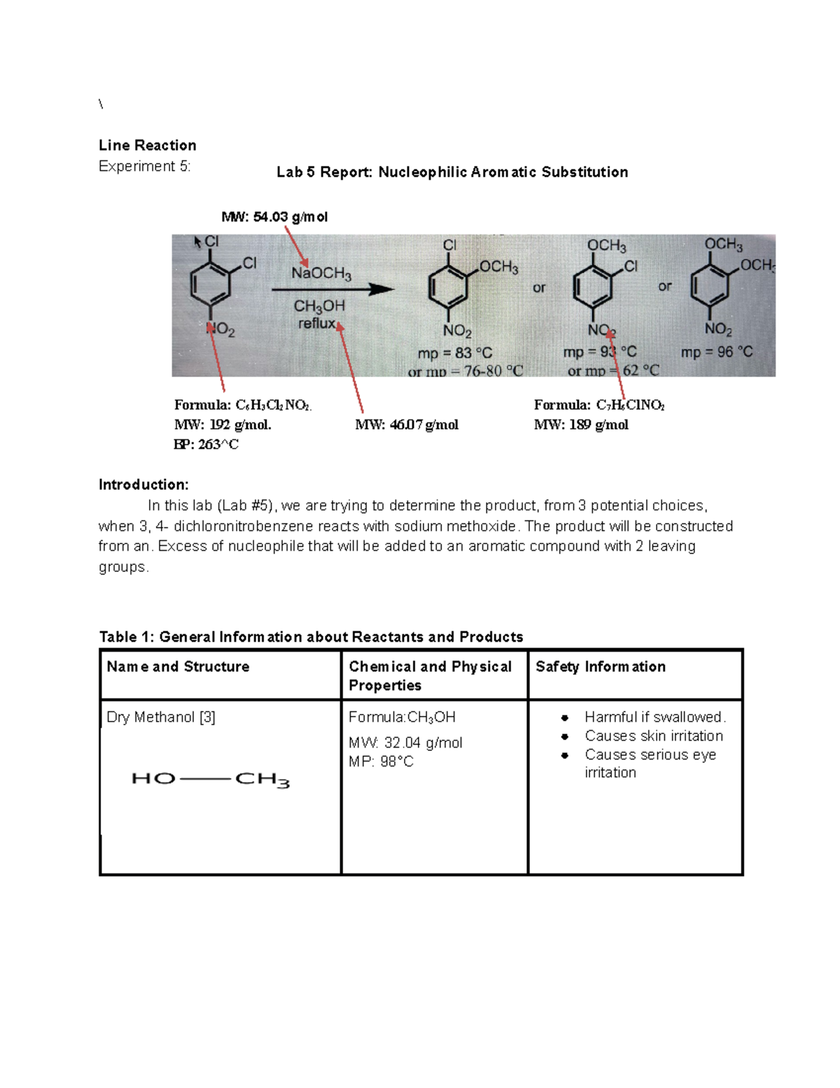 Lab 5 Report - Lab 5 - \ Line Reaction Experiment 5: Lab 5 Report: Nucleophilic Aromatic - Studocu