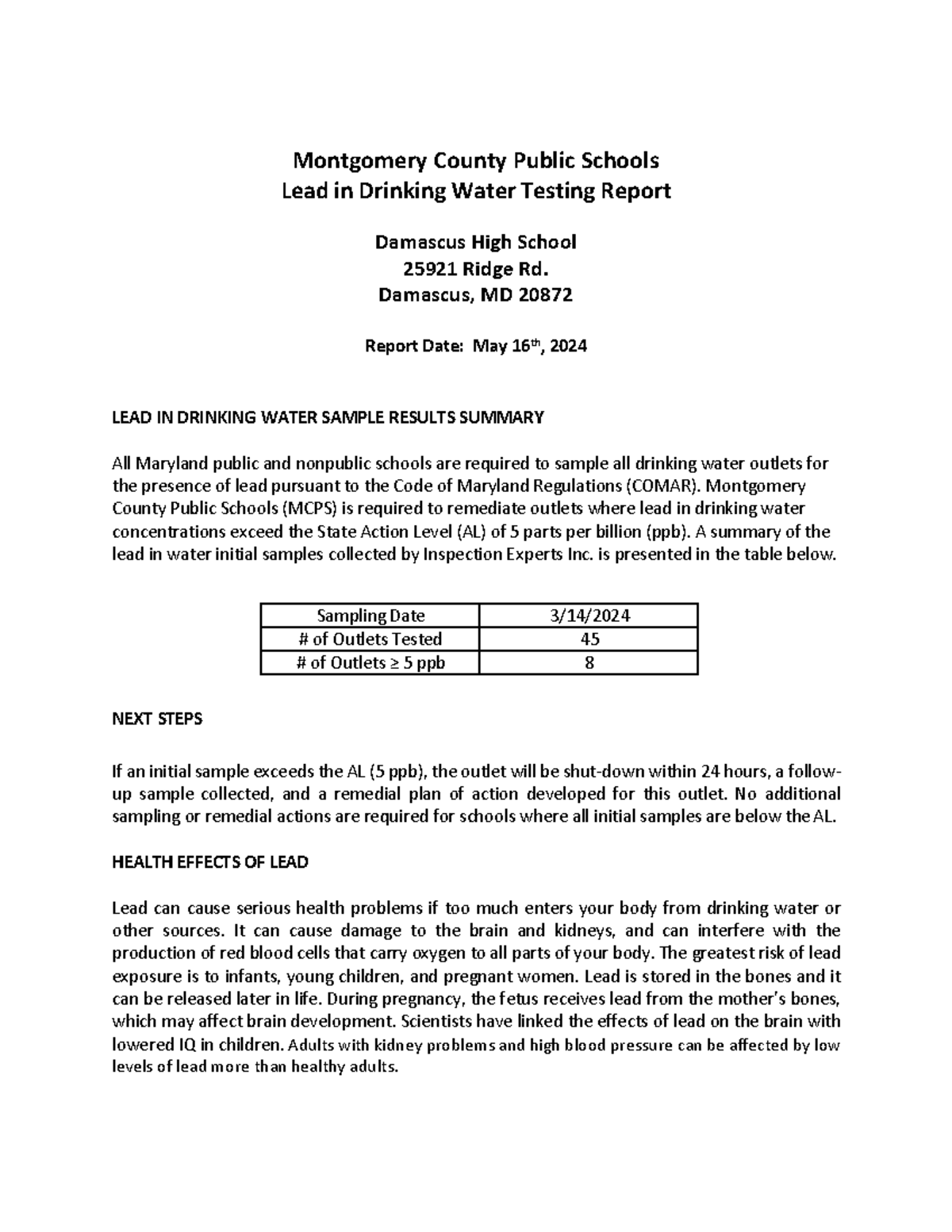 Damascus HS Water Report 2024 - Montgomery County Public Schools Lead ...