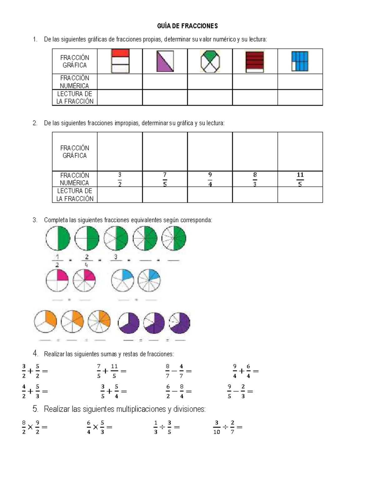 GUÍA DE Fracciones-2 - GUÍA DE FRACCIONES De las siguientes gráficas de ...