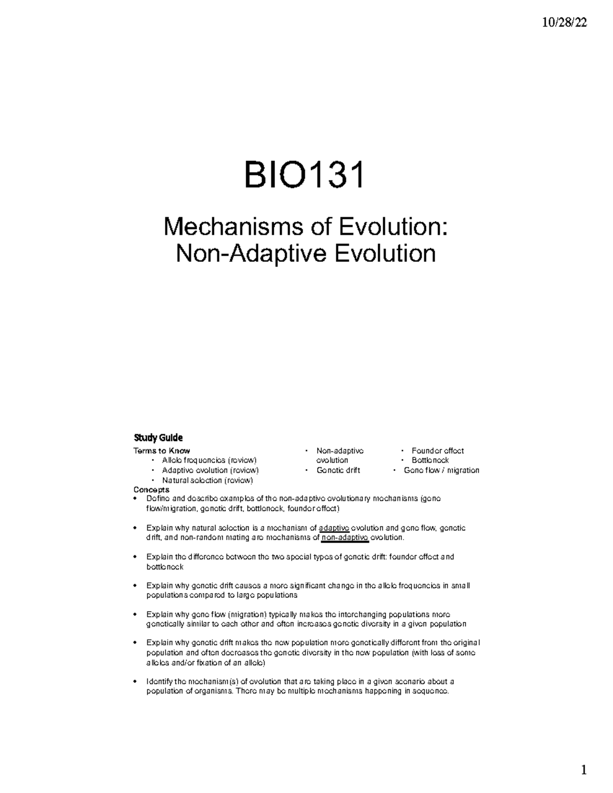 BIO131 Non Adaptive Evolution-1 - Mechanisms of Evolution: Non-Adaptive ...