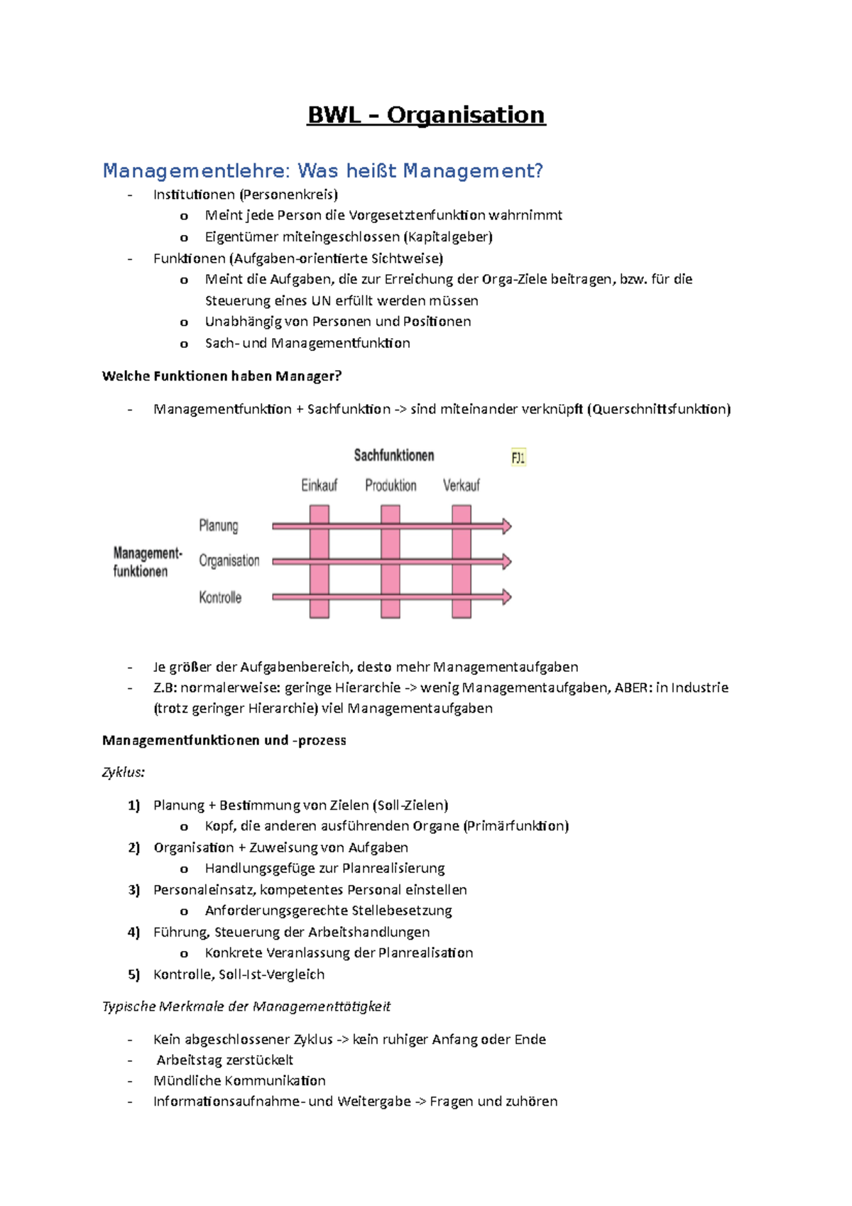 Organisation Zusammenfassung - BWL – Organisation Managementlehre: Was ...