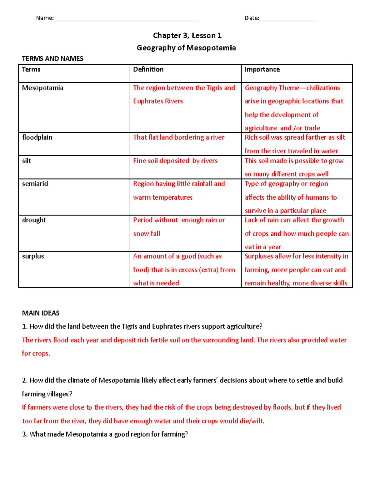 6th History Ch 3 Notes Alternative KEY Chapter 3 Lesson 1 Geography