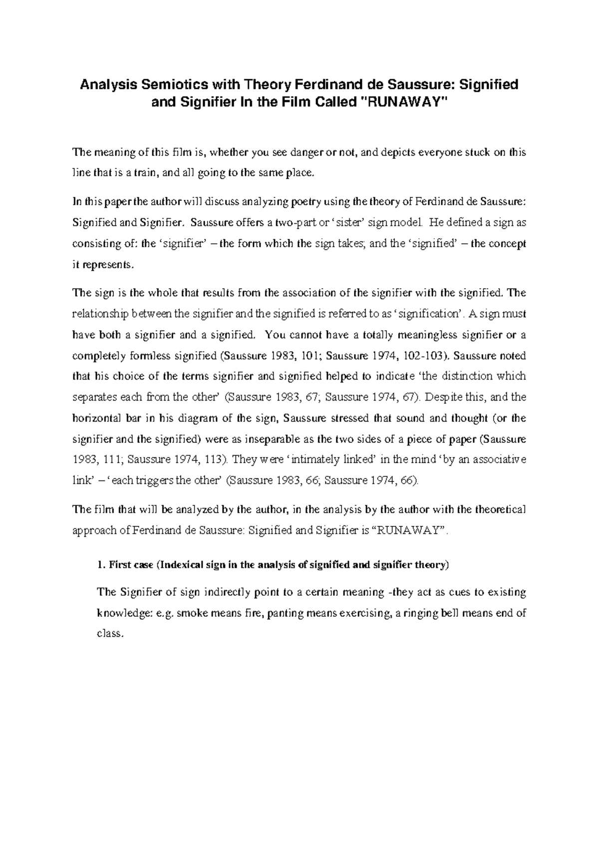 1 Analysis Semiotics with Theory Ferdinand de Saussure Signified and ...